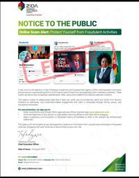 ZIDA Warns Against Online Scam